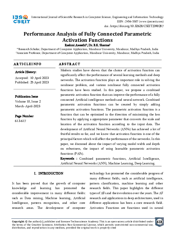 Pdf Performance Analysis Of Fully Connected Parametric Activation Functions
