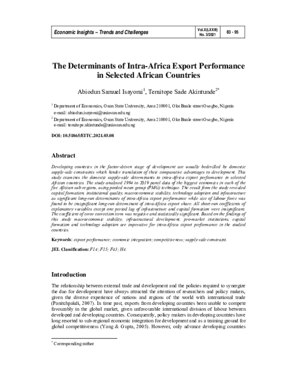 (PDF) The Determinants of Intra-Africa Export Performance in Selected ...