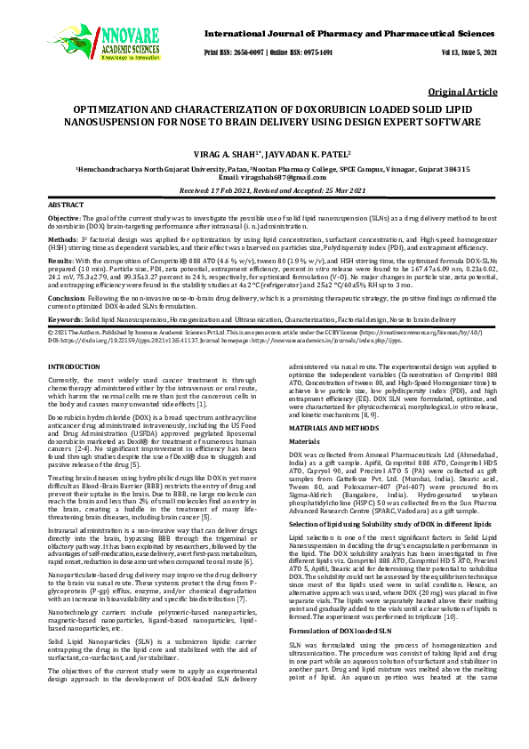 Pdf Optimization And Characterization Of Doxorubicin Loaded Solid Lipid Nanosuspension For