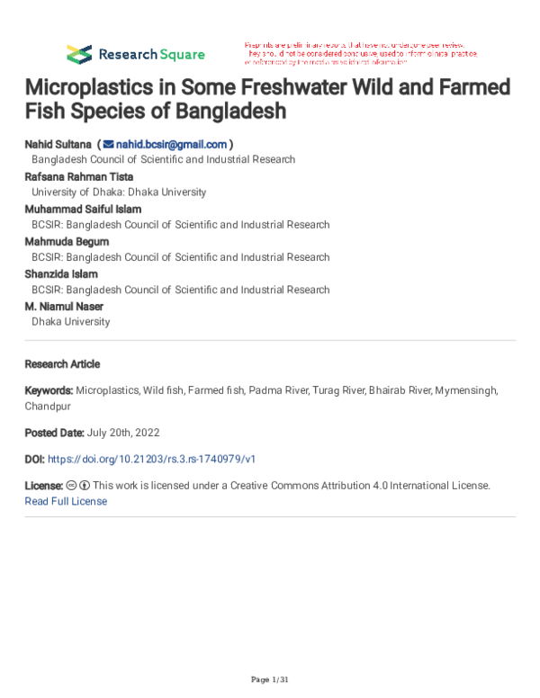 (PDF) Microplastics in Some Freshwater Wild and Farmed Fish Species of Bangladesh