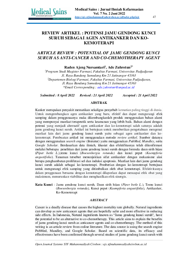 (PDF) Review Artikel : Potensi Jamu Gendong Kunci Suruh Sebagai Agen ...