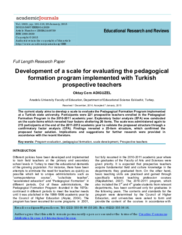 (PDF) Development of a Scale for Evaluating the Pedagogical Formation Program Implemented with ...