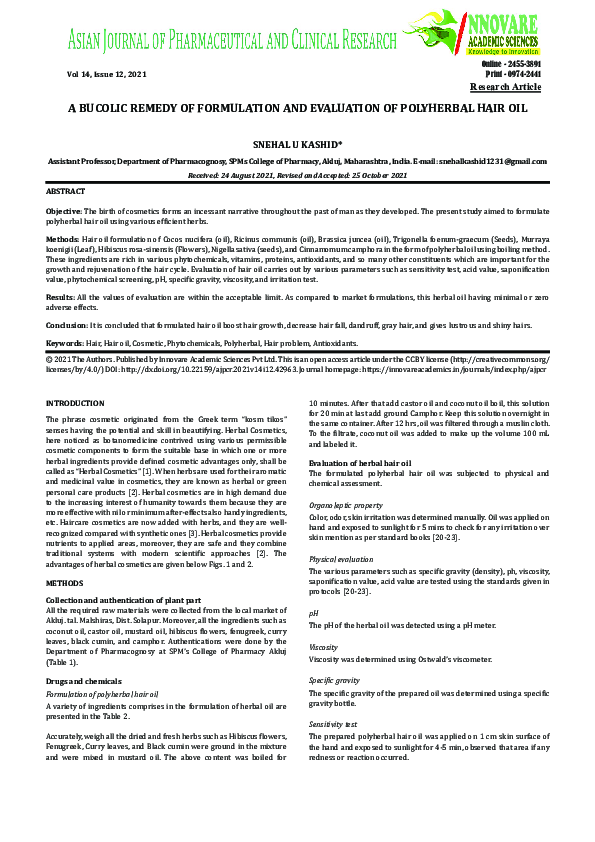 (PDF) A BUCOLIC REMEDY OF FORMULATION AND EVALUATION OF POLYHERBAL HAIR OIL