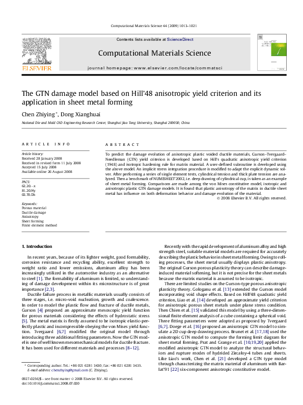 (PDF) The GTN damage model based on Hill’48 anisotropic yield criterion and its application in ...