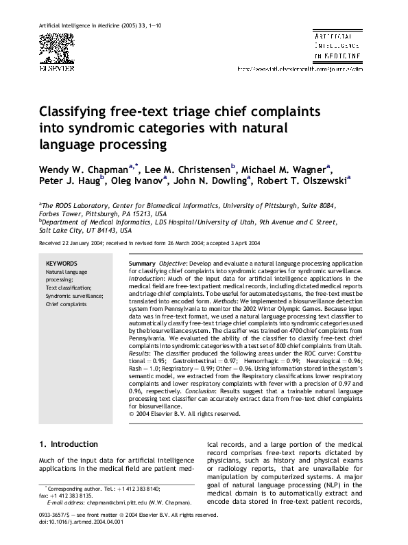 Pdf Classifying Free Text Triage Chief Complaints Into Syndromic Categories With Natural