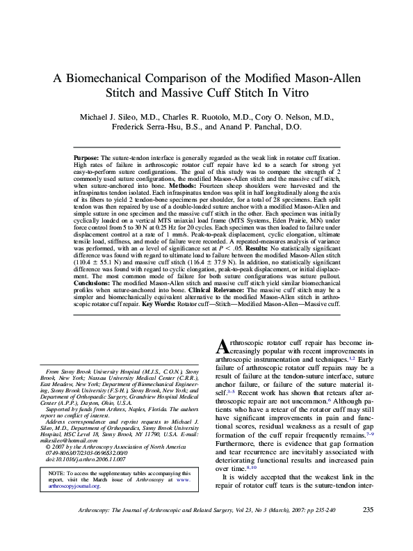 (PDF) A Biomechanical Comparison of the Modified Mason-Allen Stitch and ...