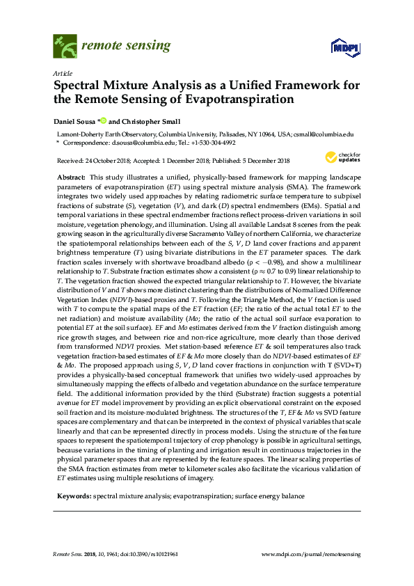 (PDF) Spectral Mixture Analysis as a Unified Framework for the Remote Sensing of Evapotranspiration
