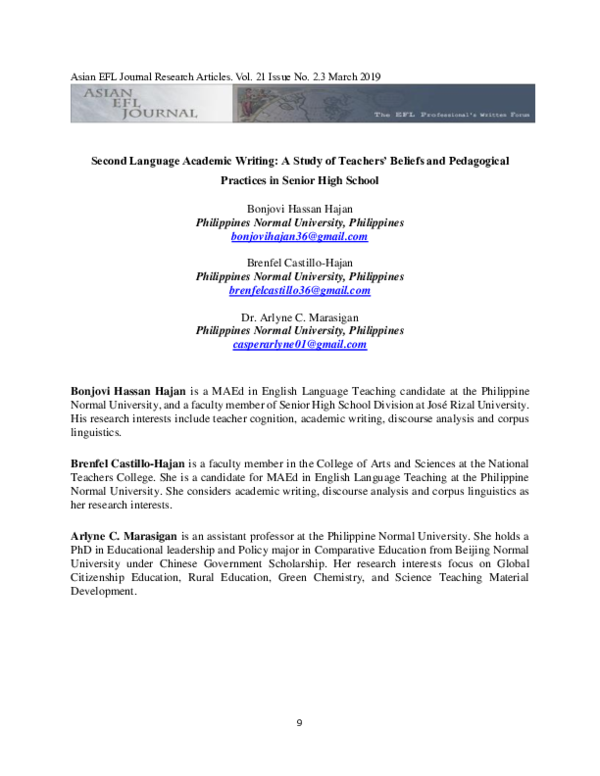 (PDF) Second Language Academic Writing: A Study of Teachers’ Beliefs and Pedagogical Practices ...