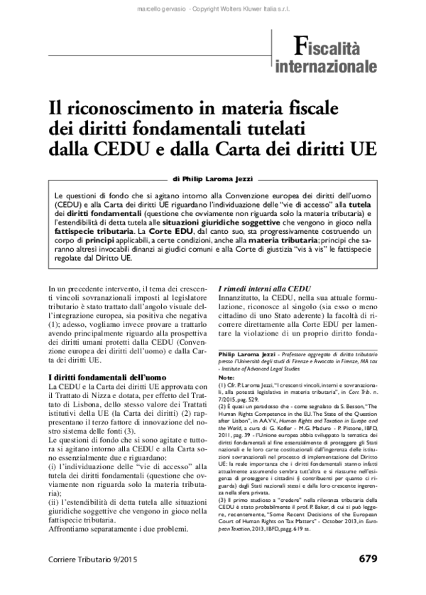 (PDF) Il riconoscimento in materia fiscale dei diritti fondamentali tutelati dalla CEDU e dalla ...
