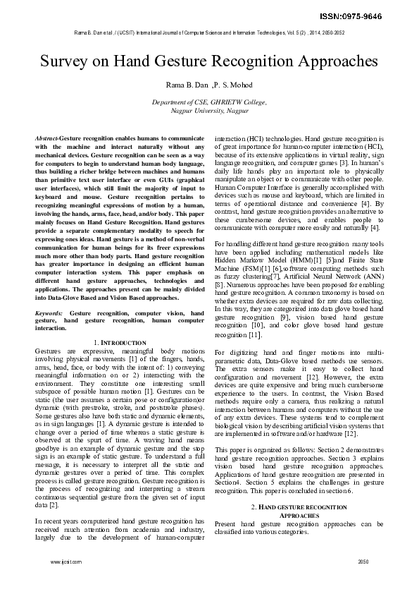 (PDF) Survey on Hand Gesture Recognition Approaches