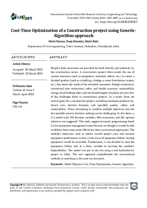 Pdf Cost Time Optimization Of A Construction Project Using Genetic Algorithm Approach