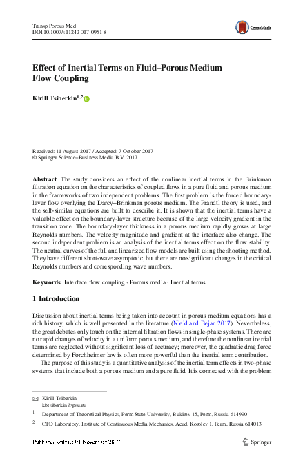 (PDF) Effect of Inertial Terms on Fluid–Porous Medium Flow Coupling
