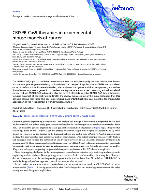 (PDF) CRISPR-Cas9 therapies in experimental mouse models of cancer