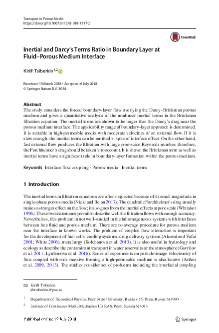 Pdf Inertial And Darcys Terms Ratio In Boundary Layer At Fluid Porous Medium Interface
