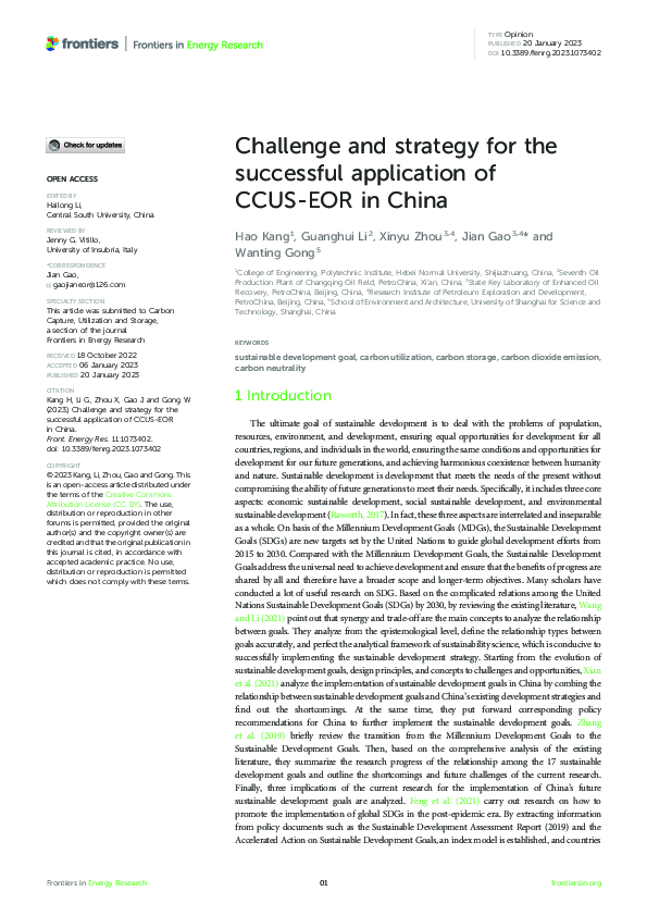 (PDF) Challenge and strategy for the successful application of CCUS-EOR in China