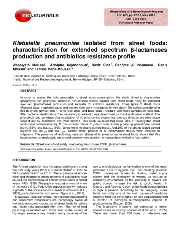 (PDF) Klebsiella pneumoniae isolated from street foods: characterization for extended spectrum β ...