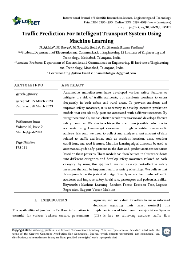 Pdf Traffic Prediction For Intelligent Transport System Using Machine Learning