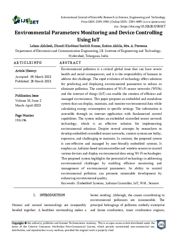 (PDF) Environmental Parameters Monitoring and Device Controlling Using IoT