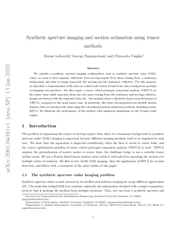 (PDF) Synthetic Aperture Imaging and Motion Estimation Using Tensor Methods