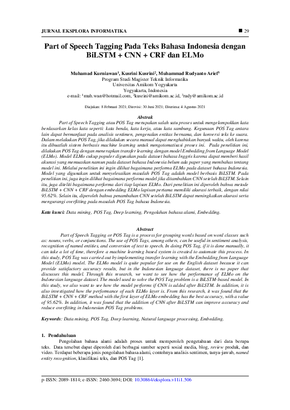 (PDF) Part of Speech Tagging Pada Teks Bahasa Indonesia dengan BiLSTM + CNN + CRF dan ELMo