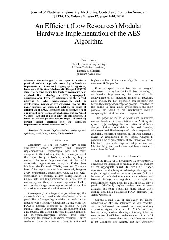 Pdf An Efficient Low Resources Modular Hardware Implementation Of The Aes Algorithm