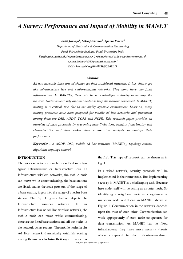 Pdf A Survey Performance And Impact Of Mobility In Manet