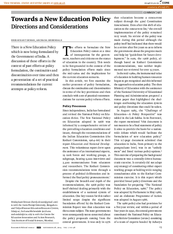 (PDF) Direction towards a new education policy: Directions and ...