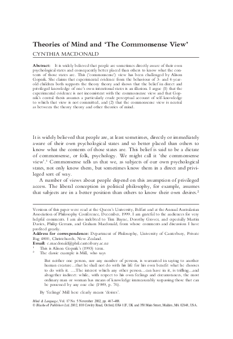 (PDF) Theories of Mind and 'The Commonsense View