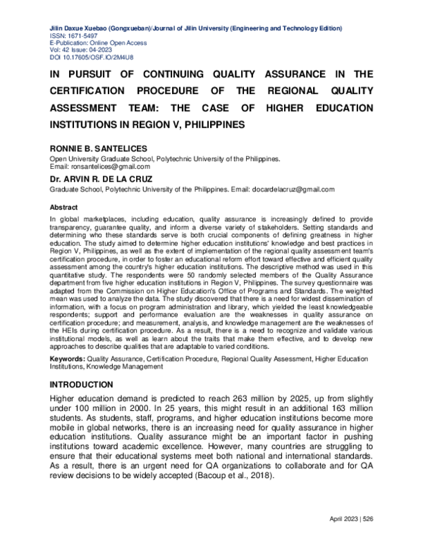 (PDF) IN PURSUIT OF CONTINUING QUALITY ASSURANCE IN THE CERTIFICATION PROCEDURE OF THE REGIONAL ...