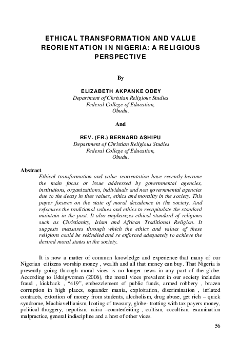 (PDF) Ethical Transformation and Value Reorientation in Nigeria: A ...