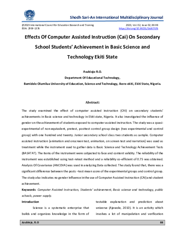 (PDF) Effects Of Computer Assisted Instruction (CAI) On Secondary School Students' Achievement ...