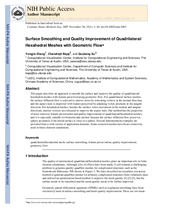 (PDF) Surface smoothing and quality improvement of quadrilateral/hexahedral meshes with ...