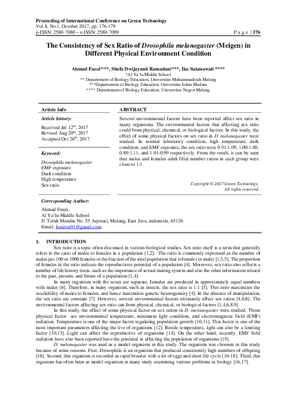 Pdf The Consistency Of Sex Ratio Of Drosophila Melanogaster Meigen In Different Physical