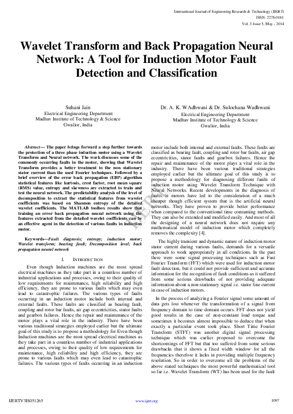 Pdf Wavelet Transform And Back Propagation Neural Network A Tool For Induction Motor Fault
