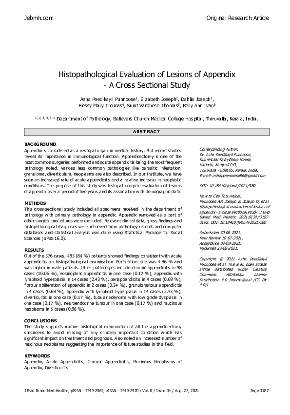 (PDF) Histopathological Evaluation of Lesions of Appendix - A Cross ...