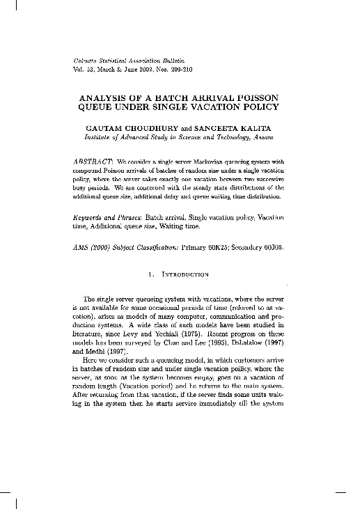 (PDF) Analysis of a Batch Arrival Poisson Queue Under Single Vacation ... (PDF) Analysis of a Batch Arrival Poisson Queue Under Single Vacation ...