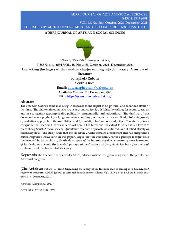 (PDF) Unpacking the legacy of the freedom charter coming into democracy ...