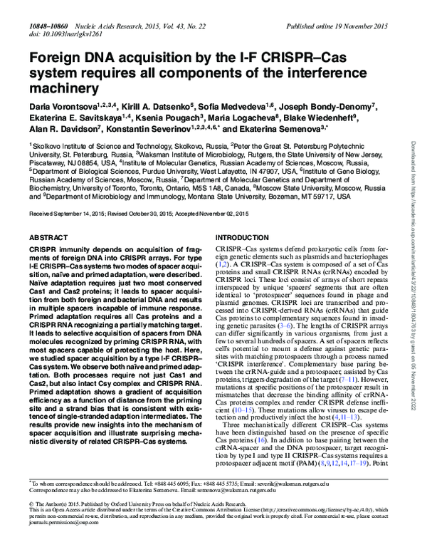 (PDF) Foreign DNA acquisition by the I-F CRISPR-Cas system requires all components of the ...