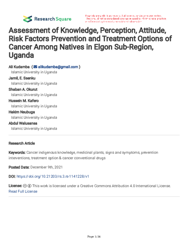 (PDF) Assessment of Knowledge, Perception, Attitude, Risk Factors Prevention and Treatment ...