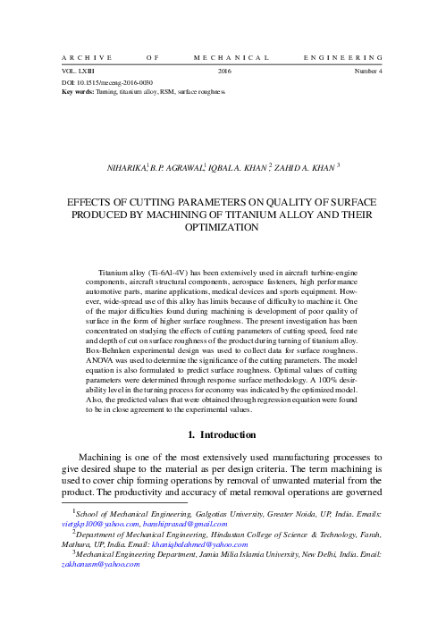 Pdf Effects Of Cutting Parameters On Quality Of Surface Produced By Machining Of Titanium