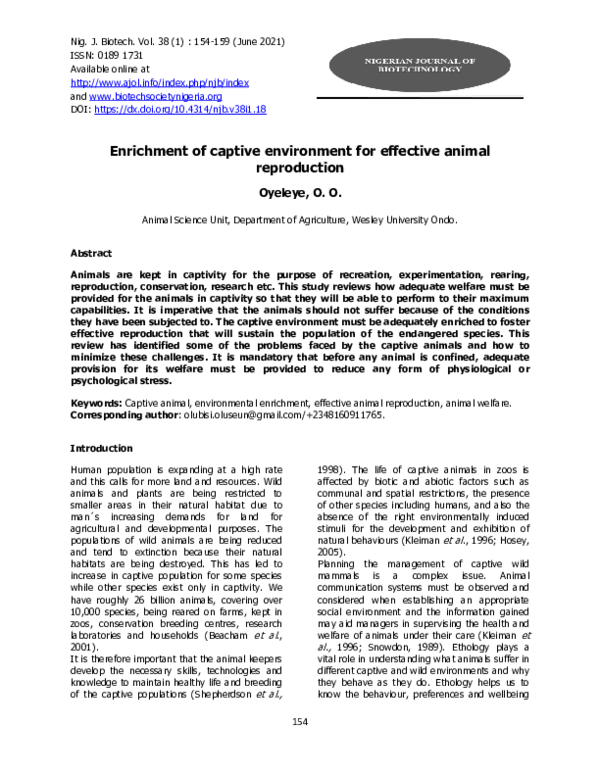 (PDF) Enrichment of captive environment for effective animal reproduction