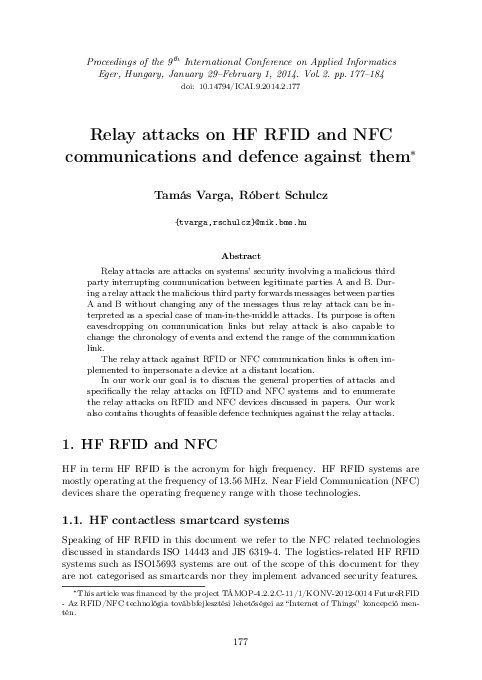 (PDF) Relay attacks on HF RFID and NFC communications and defence against them