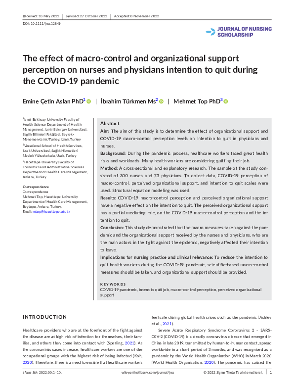 (PDF) The effect of macro‐control and organizational support perception on nurses and physicians ...