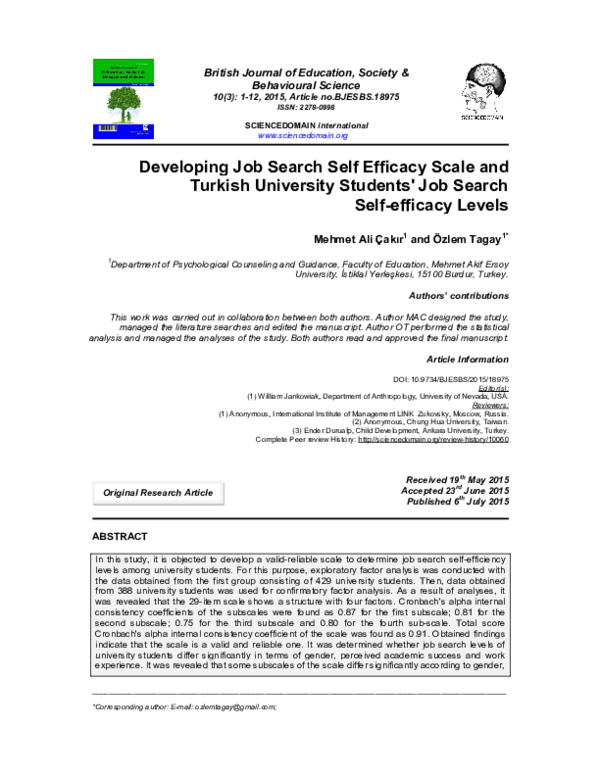 (PDF) Developing Job Search Self Efficacy Scale and Turkish University Students' Job Search Self ...