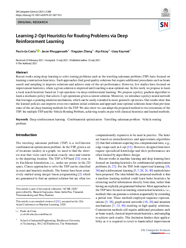 Pdf Learning 2 Opt Heuristics For Routing Problems Via Deep Reinforcement Learning