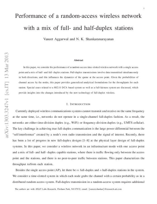 (PDF) Performance of a Random-Access Wireless Network With a Mix of Full- and Half-Duplex Stations