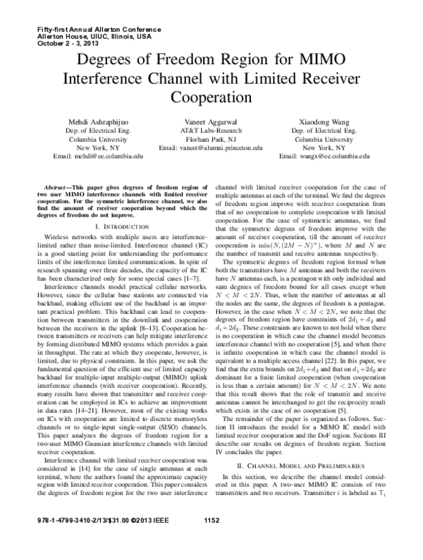 (PDF) Degrees of freedom region for MIMO interference channel with limited receiver cooperation