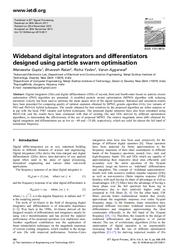 Pdf Wideband Digital Integrators And Differentiators Designed Using Particle Swarm Optimisation