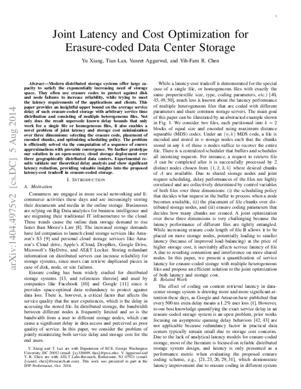 Pdf Joint Latency And Cost Optimization For Erasurecoded Data Center Storage
