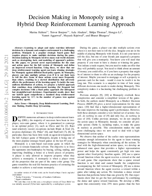 (PDF) Decision Making in Monopoly Using a Hybrid Deep Reinforcement ... (PDF) Decision Making in Monopoly Using a Hybrid Deep Reinforcement ...